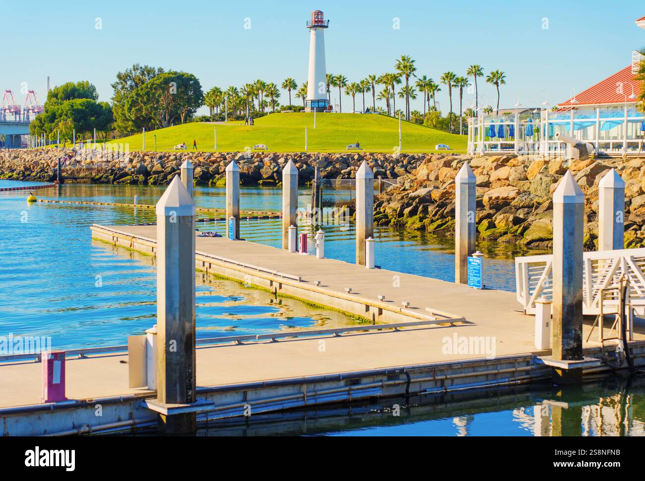 Long Beach, California - January 15, 2025: View of a pier leading to a lighthouse and palm trees ...
