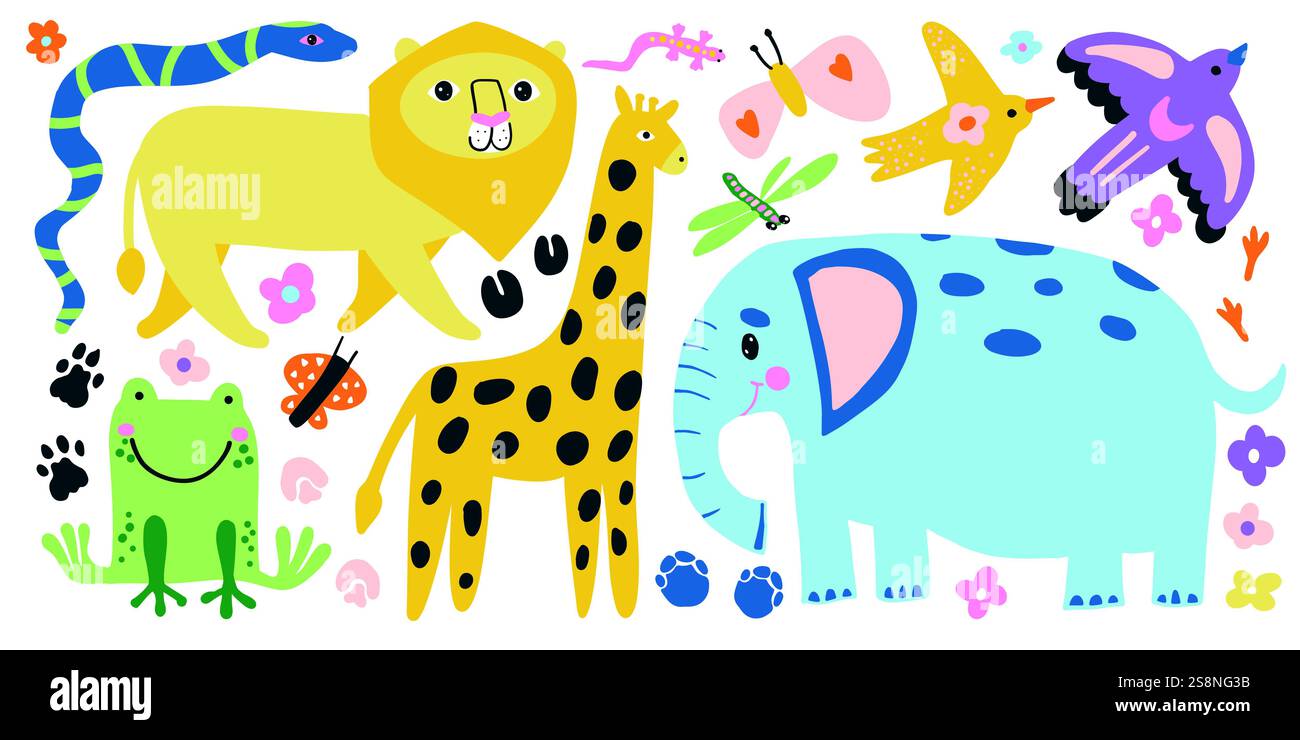 Playful jungle animals like an elephant, lion, giraffe, frog, and snake ...