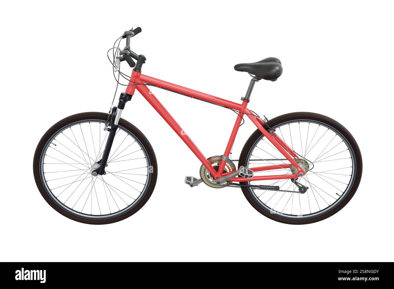 Red bicycle, side view. Black leather saddle and handles. Isolated on ...