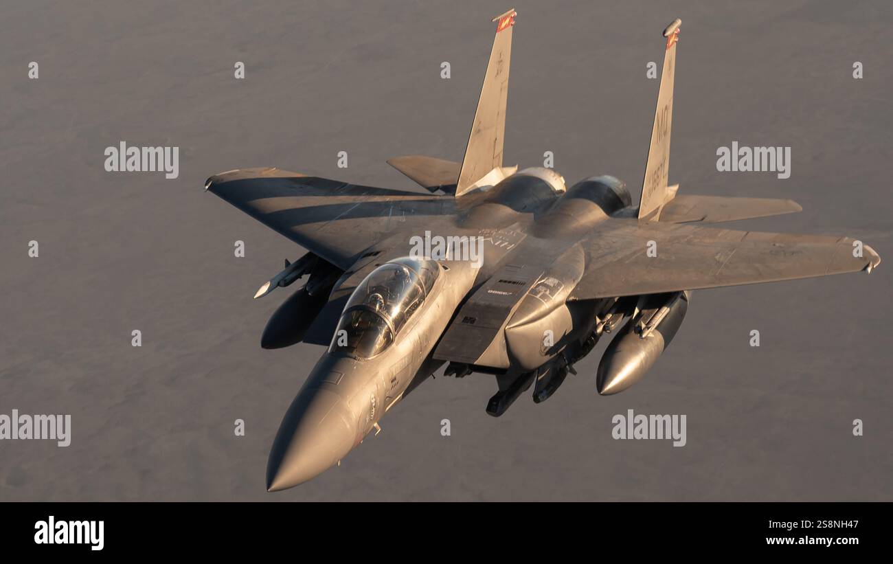 A U.S. Air Force F-15E Strike Eagle conducts combat air patrols over the U.S. Central Command ...
