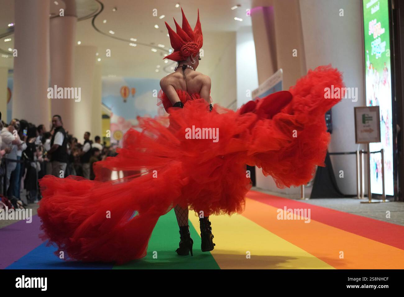 A member of the LGBTQ+ community walks on rainbow carpet in Bangkok ...