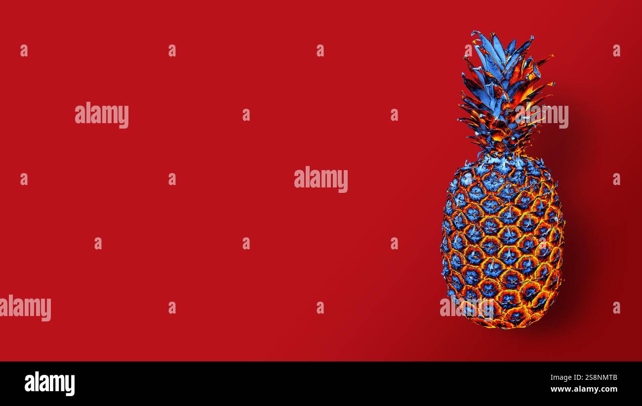 Artistic depiction of a pineapple in bright blue and orange shades on a ...