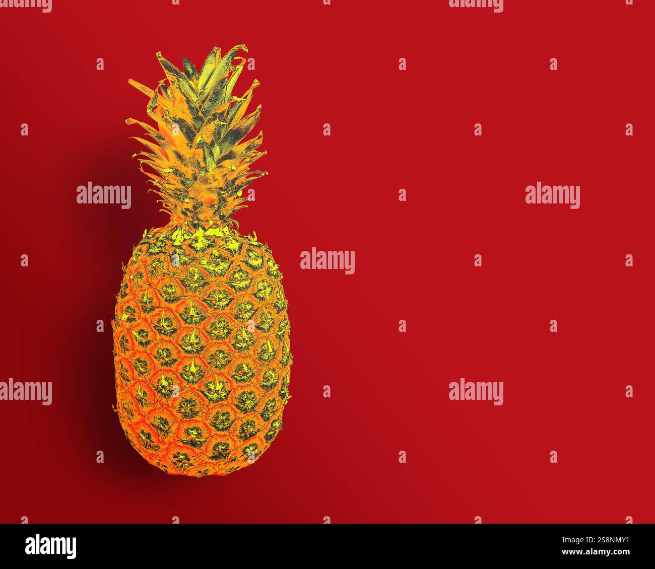Artistic depiction of a pineapple in golden shades on a monochrome red ...