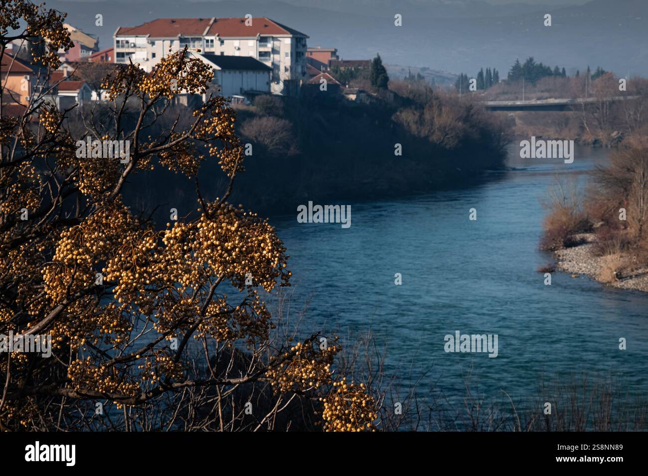 Podgorica city at Moraca riverside in autumn day. Landscape with ...