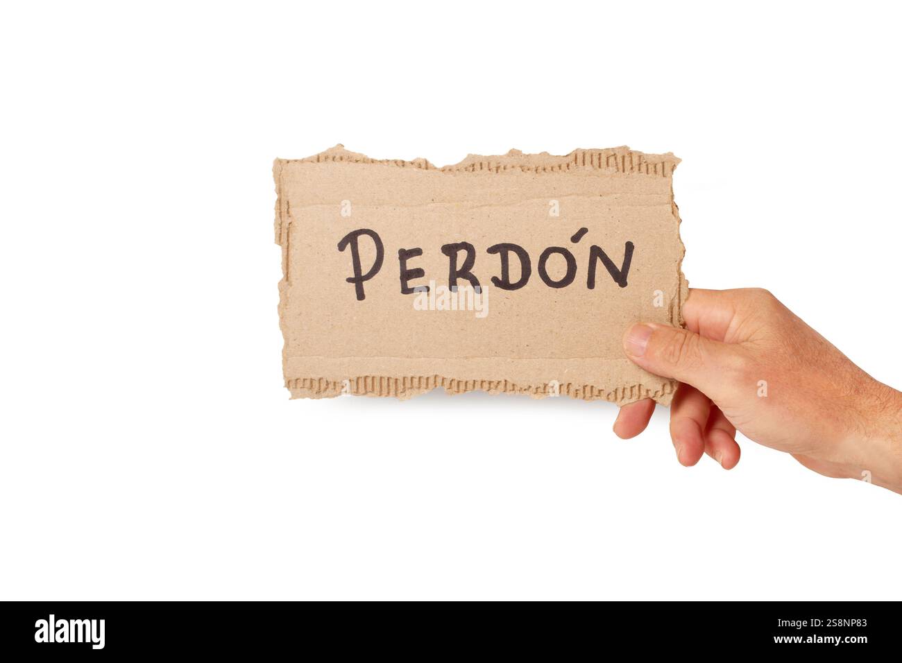 Man hand holding a piece of cardboard with perdon word written on it on ...