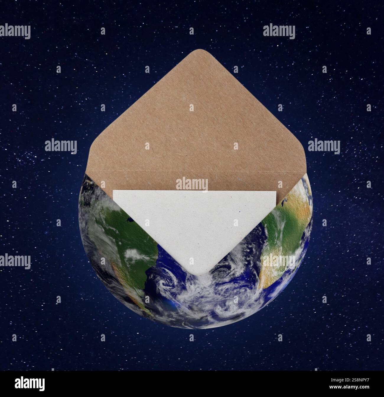 Envelope in shape of globe with letter in space. International mail ...