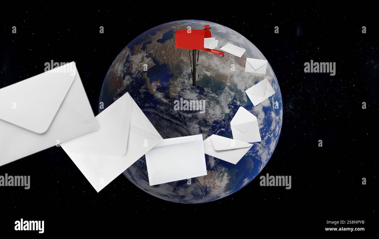 Envelopes with letters flying into red mailbox on globe in space ...