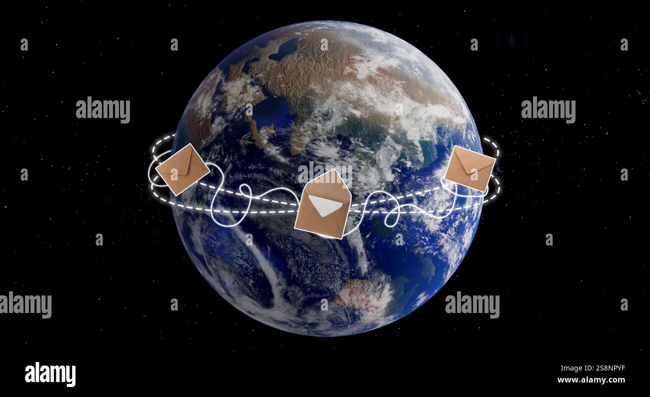 Envelopes with letters flying around globe in space, banner design ...