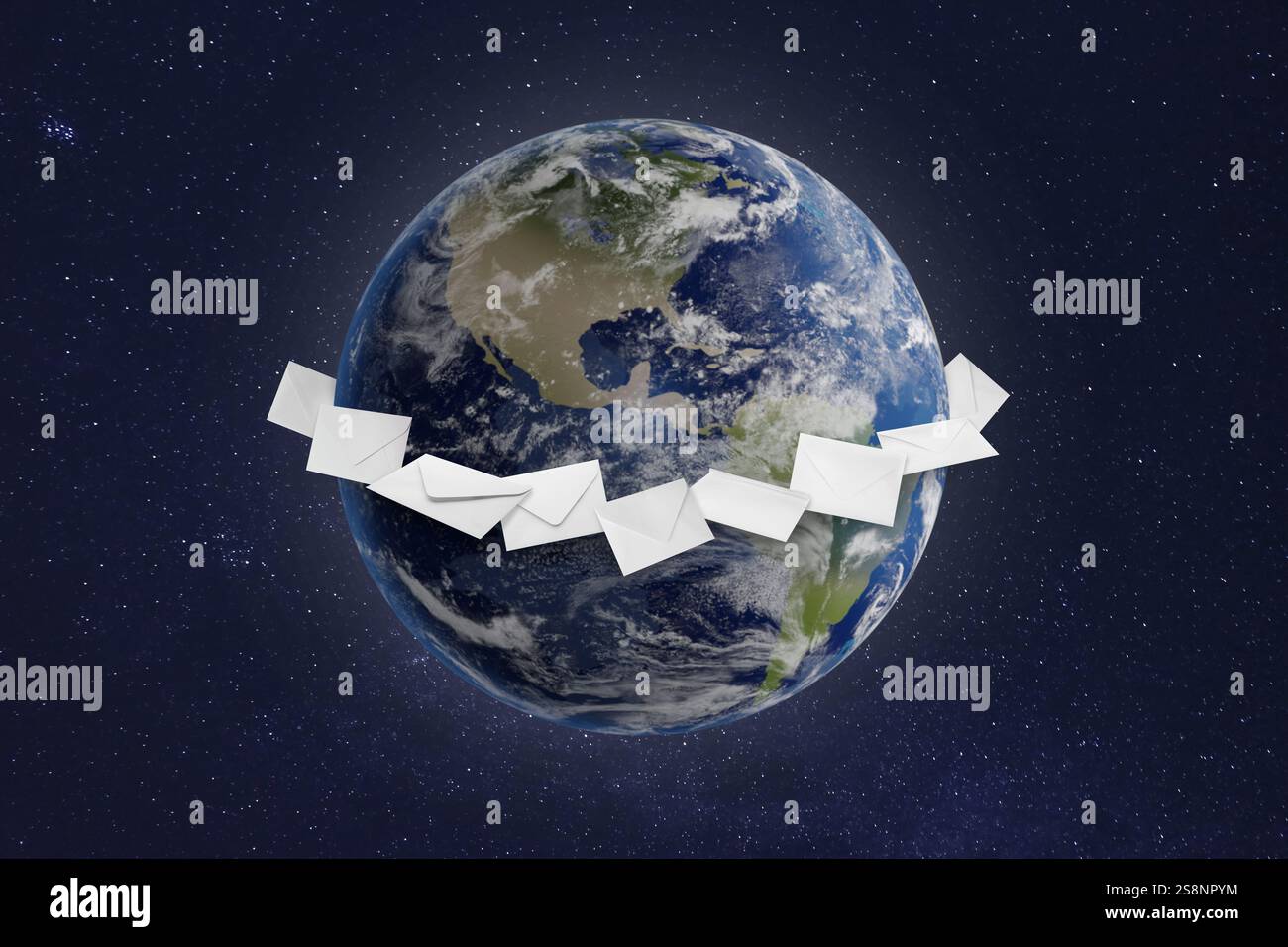 Envelopes with letters flying around globe in space. International mail ...