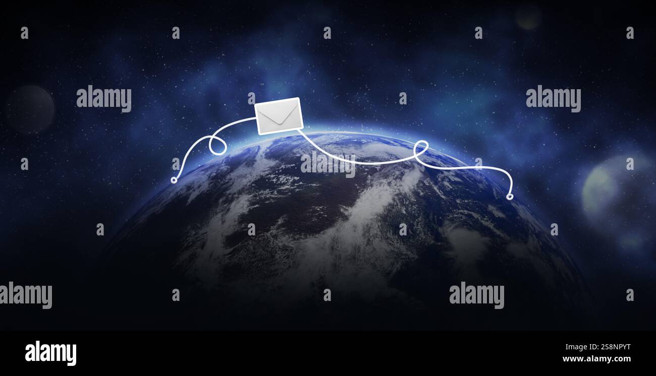 Envelope with letter flying over globe in space. Flight path from one ...