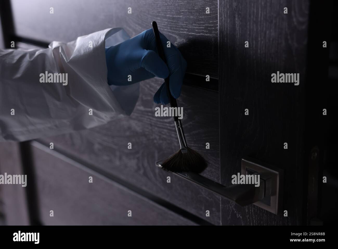 Forensic expert taking fingerprints with brush from handle of door ...