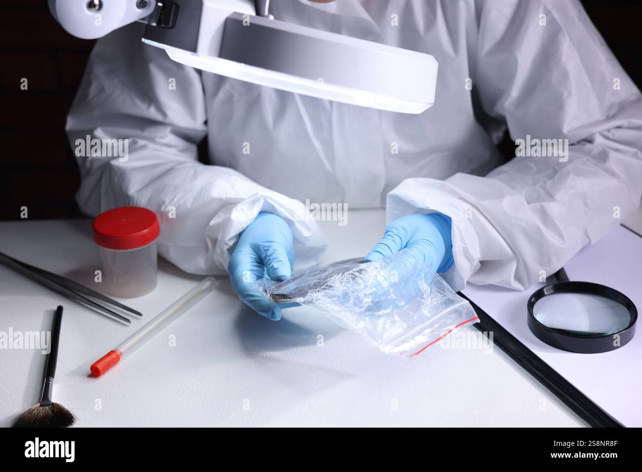 Forensic expert examining evidence in plastic bag at table indoors ...