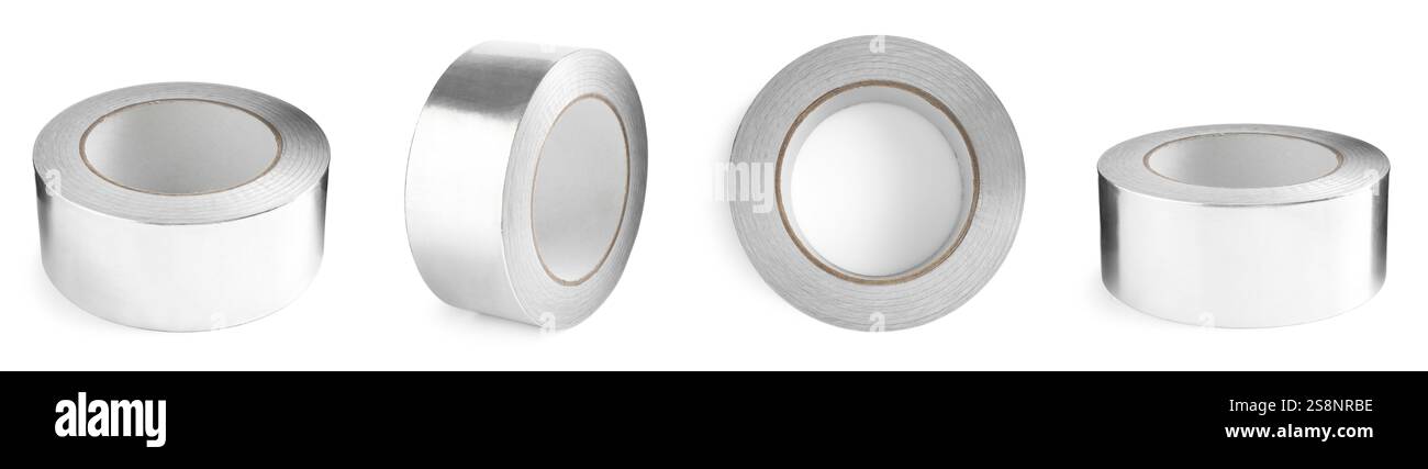 Silver adhesive tape, set. Rolls isolated on white Stock Photo - Alamy
