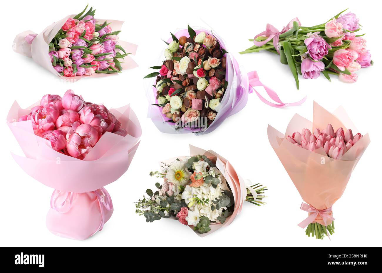 Different beautiful bouquets isolated on white, set Stock Photo - Alamy