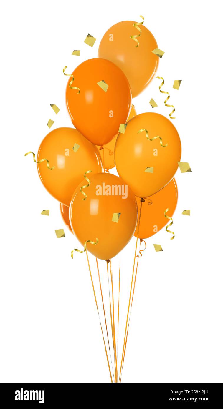 Many bright orange balloons, golden serpentine streamers and confetti ...