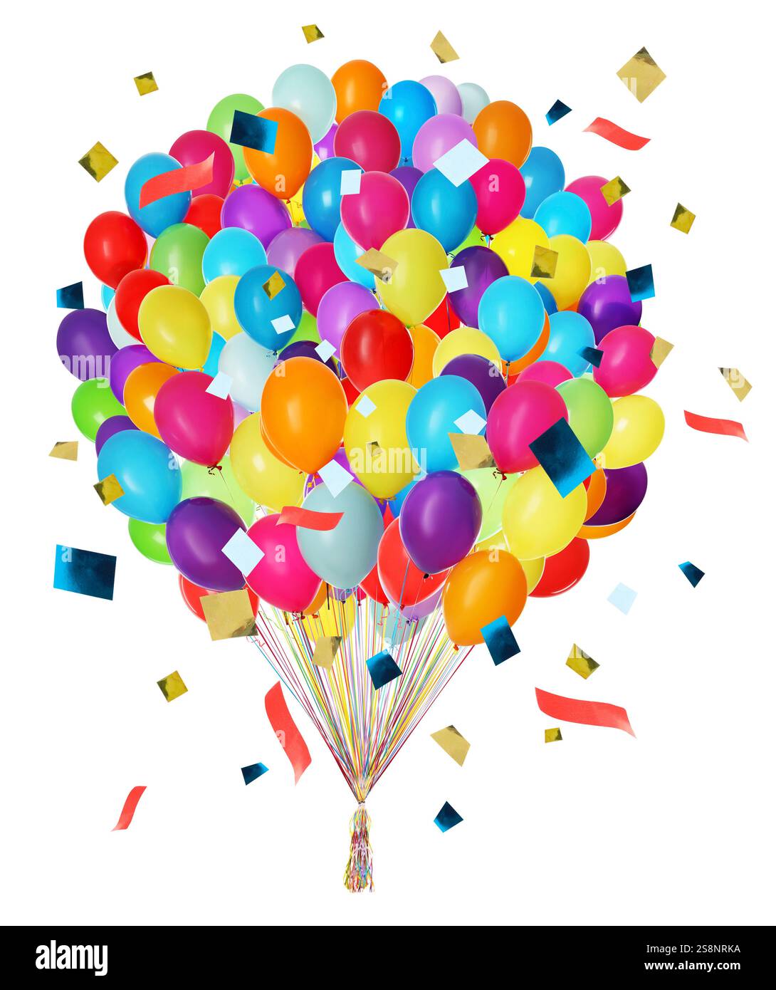 Bright balloons and shiny confetti on white background Stock Photo - Alamy