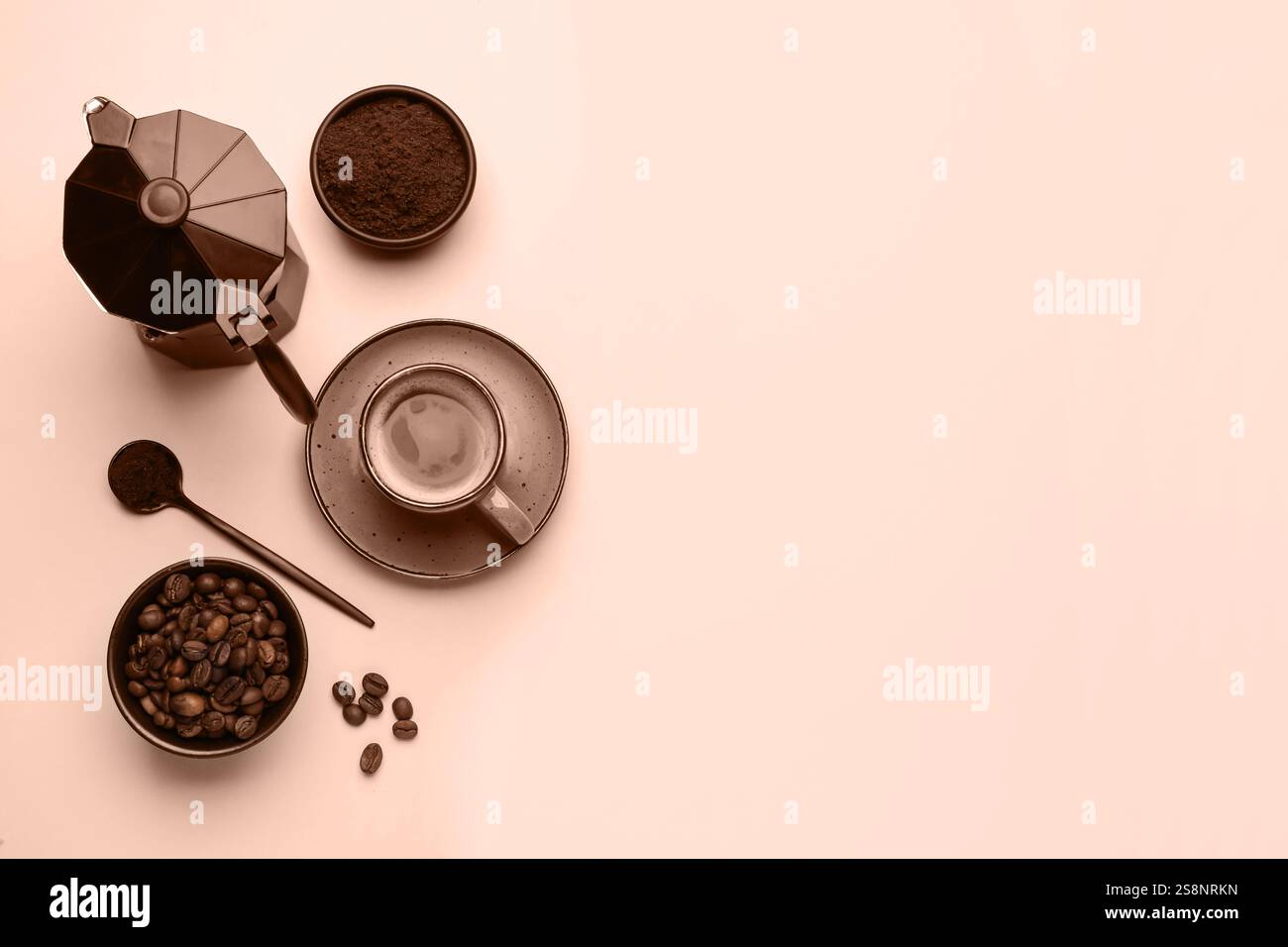 Flat lay composition with coffee in cup and roasted beans, toned in ...