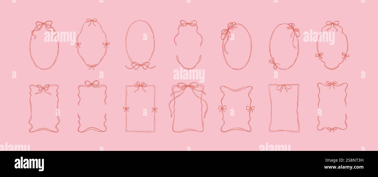 Hand drawn cute line doodle oval and rectangle ribbon frames with ...