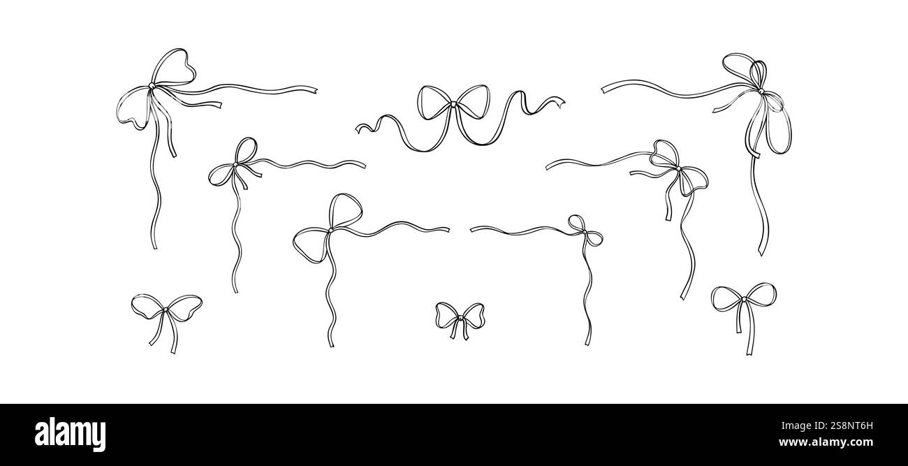 Set of hand drawn wavy ribbon corners and separators with tied bows. Cute line art doodle design ...