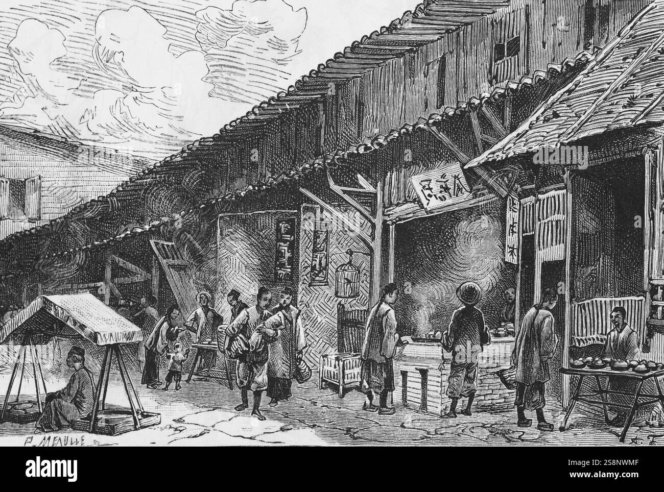 Street scene with stalls in the Chinese province, preparation of food ...