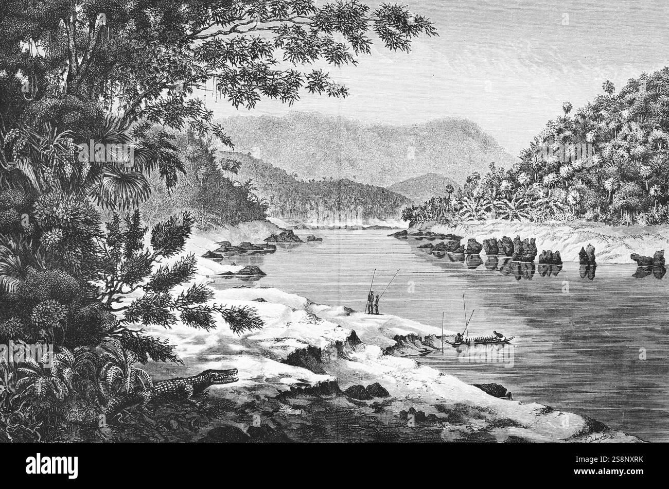 Landscape on the Mekong, river bank, mountain landscape, tropical ...