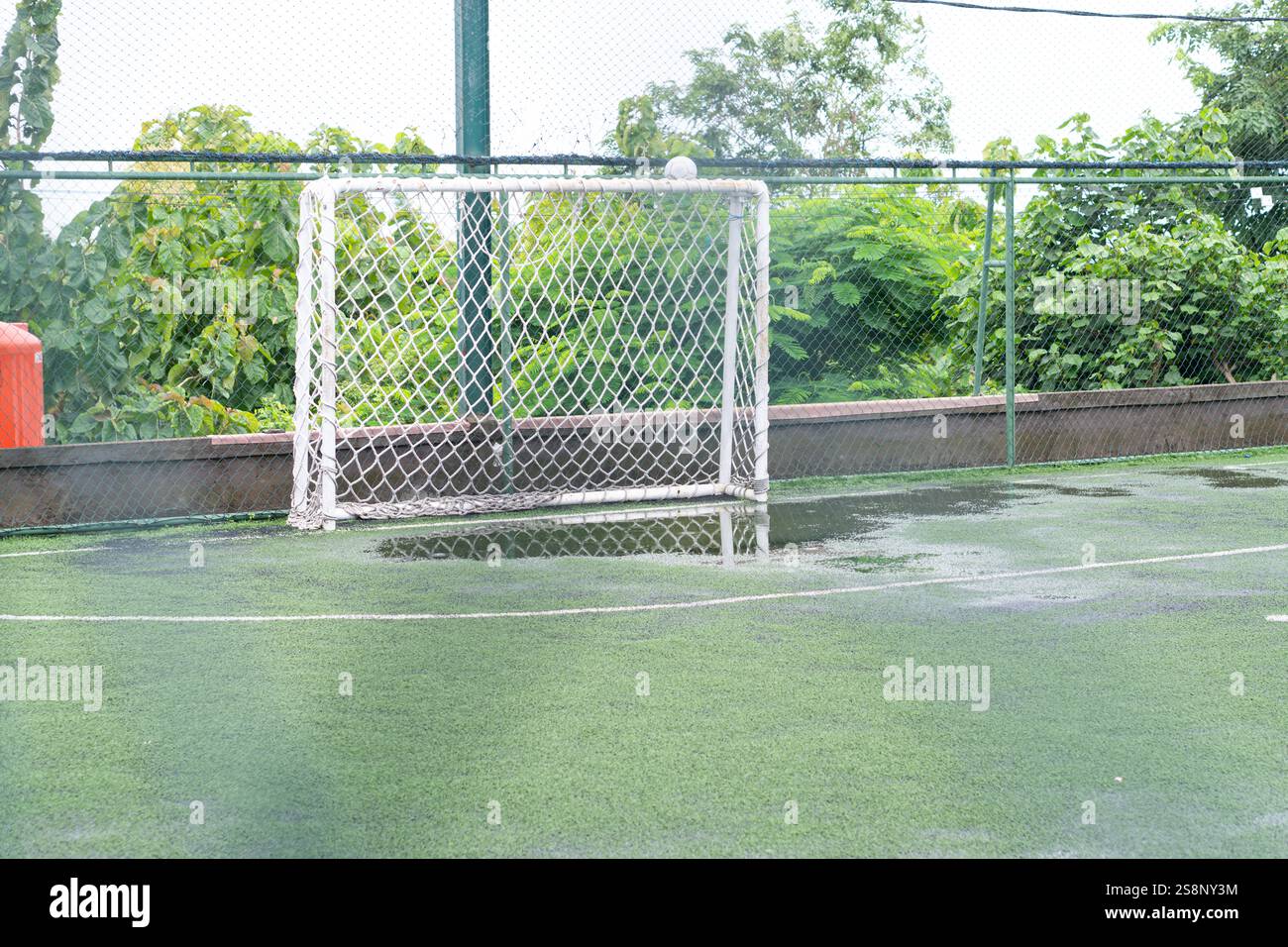 A soccer goal on a wet field, surrounded by greenery. The ground is ...