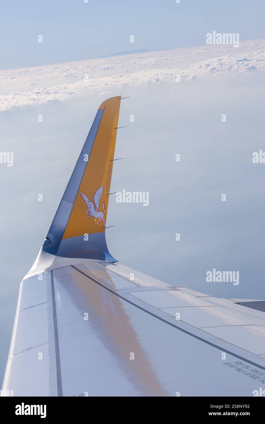 Istanbul, turkey, 01.15.2025: Airplane wing and winglet with Pegasus ...