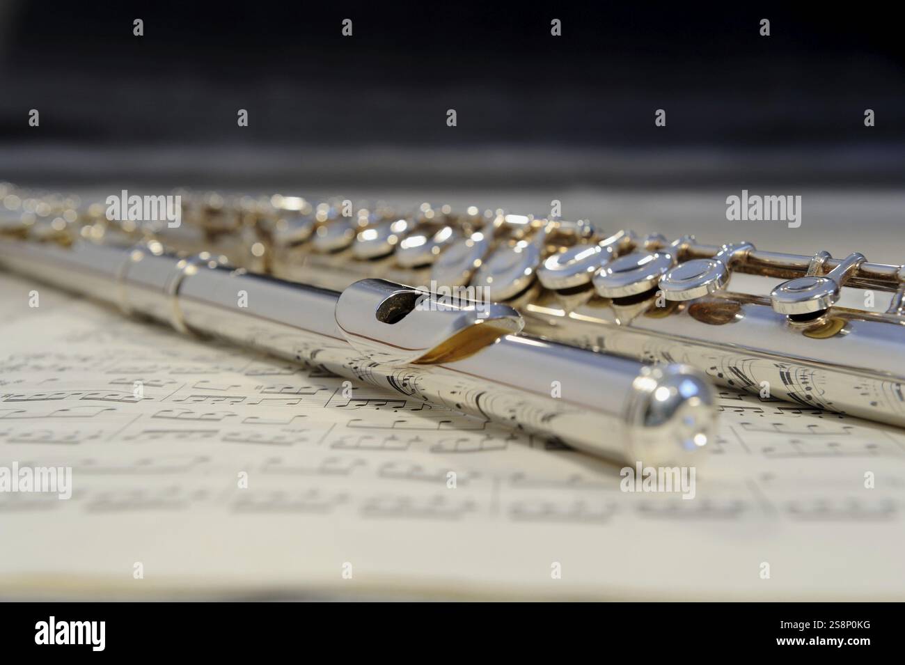 Transverse flute lying on a sheet of music, musical instrument in ...