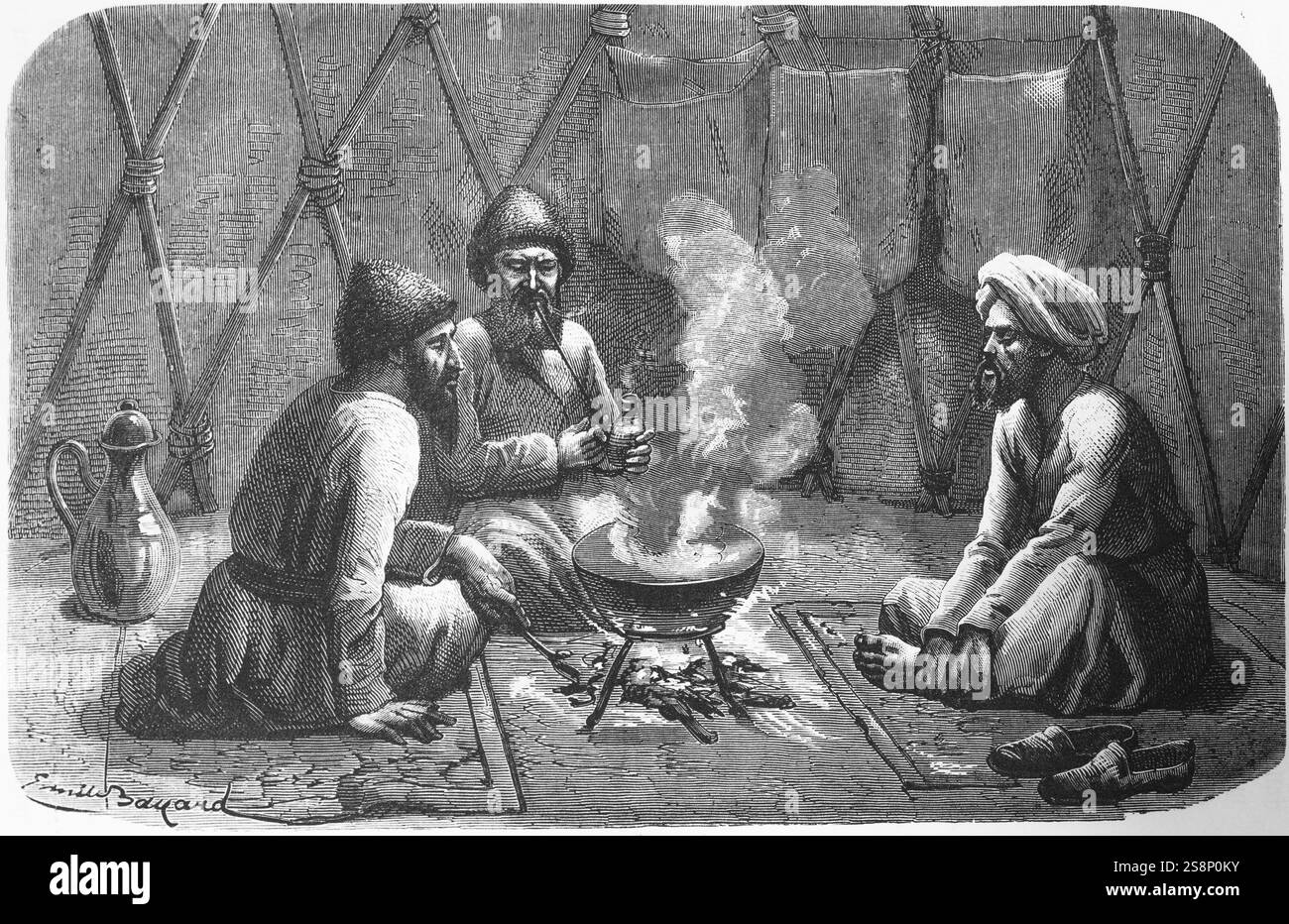 Group of the Central Asian Turkic people, Turkmen sitting in a tent ...