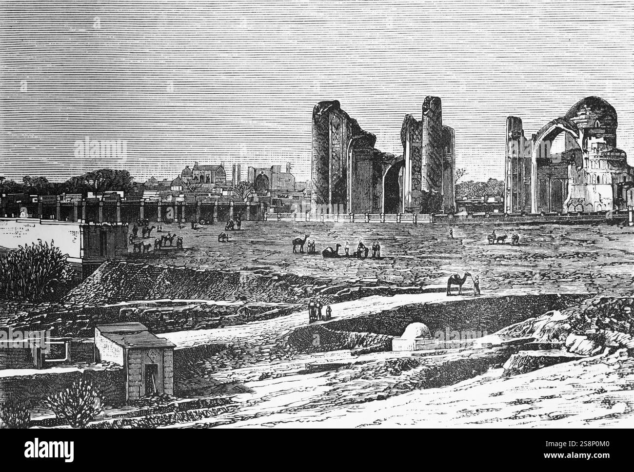 Cityscape of Samarkand, ruins, paths, camels, people, travelling in ...
