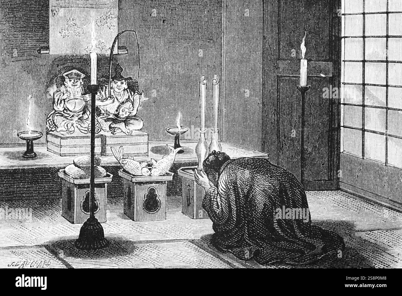 Butsudan or shrine, home altar of a Japanese family, praying, kneeling ...