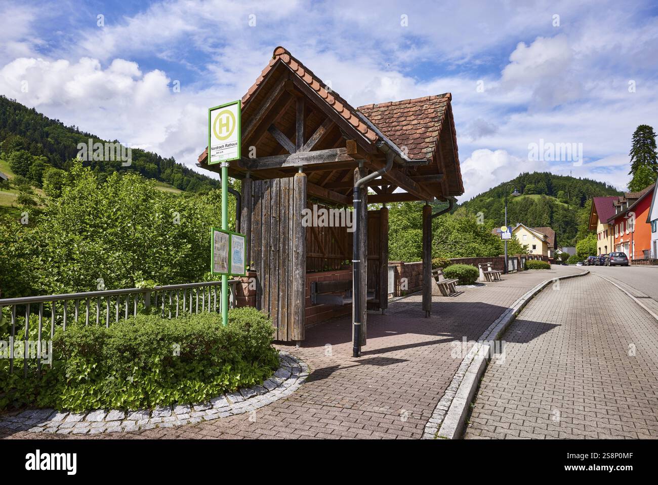 Bus stop Nordrach Rathaus, bus shelter, hilly landscape, coniferous ...