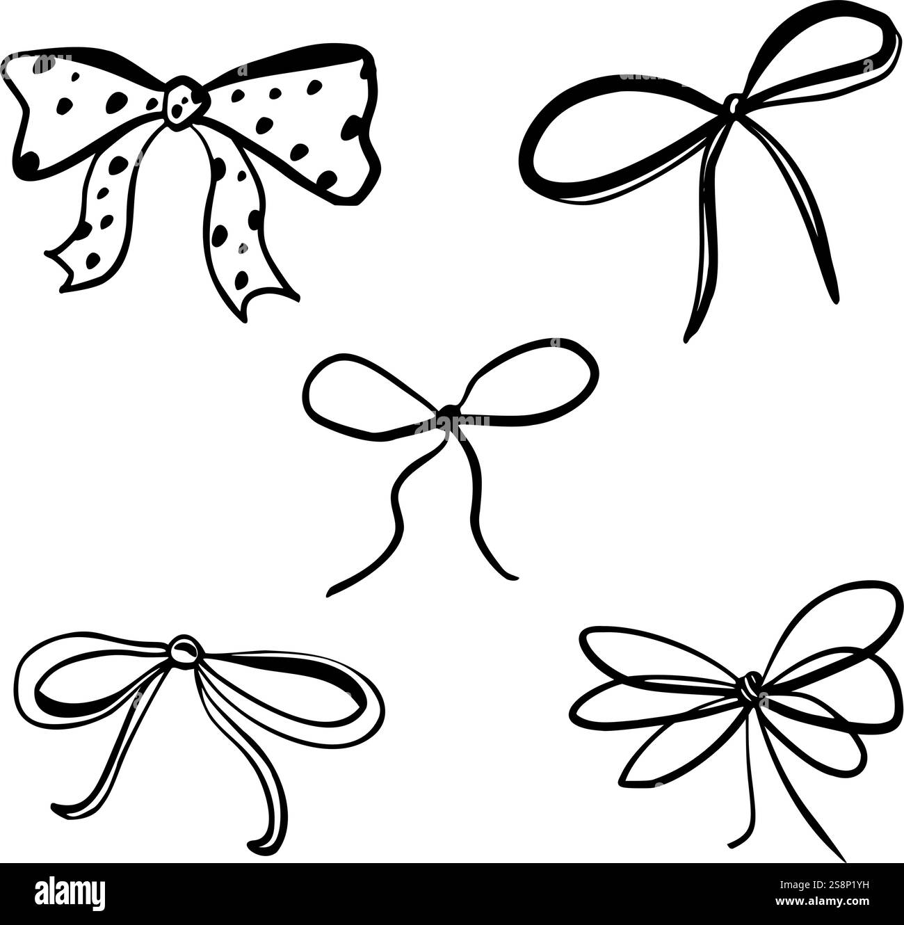 Set of doodle ribbon and rope with bow for gift. Hand drawn Vector ...