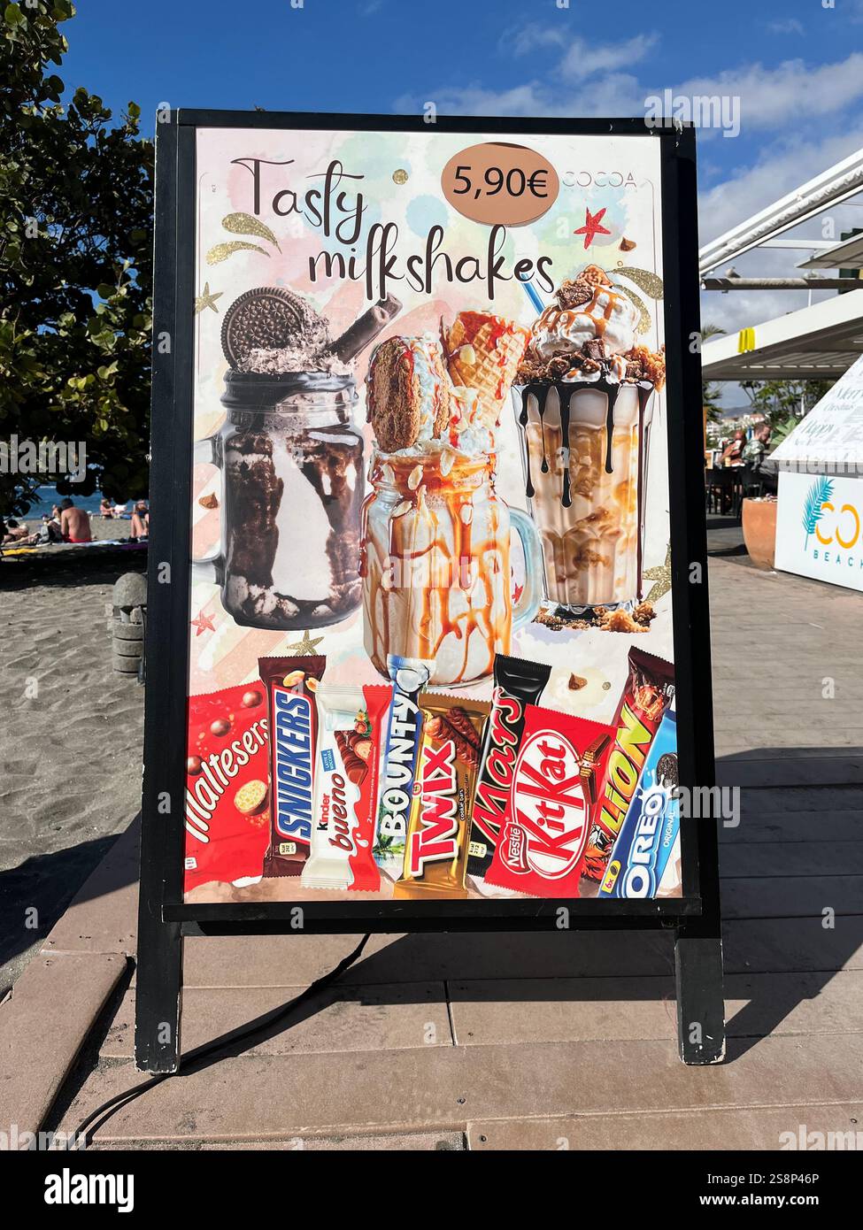 Outdoor Sign in Costa Adeje advertising various Milkshake flavours ...
