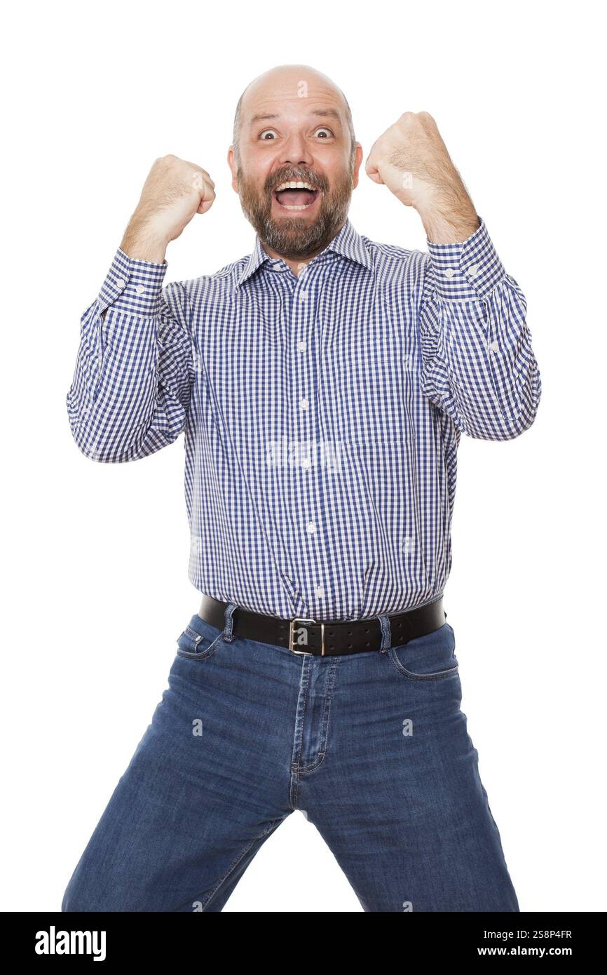 A handsome man winner pose isolated on white background Stock Photo - Alamy