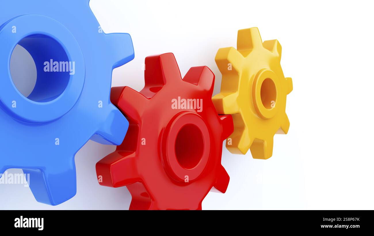 Gears Symbol red blue yellow. 3D illustration Stock Photo - Alamy