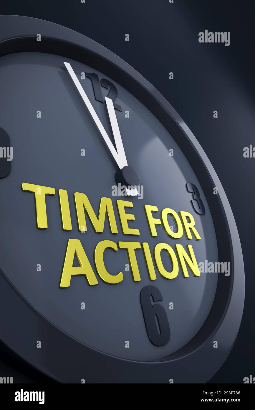 A clock with text time for action 3D illustration Stock Photo - Alamy