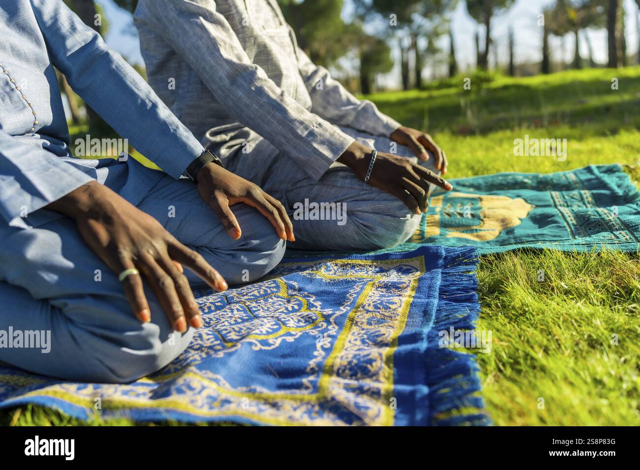 Two senegalese muslim men wearing traditional clothing are kneeling on prayer rugs in a park ...