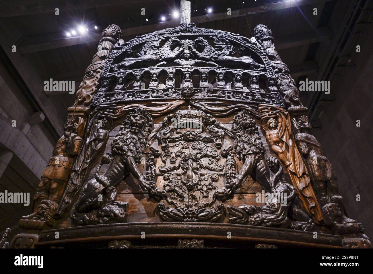 Coat of arms, carving and figures on the stern of the Vasa, Vasa Museum ...