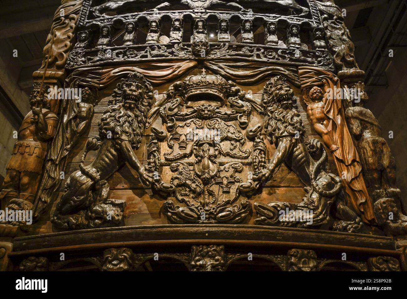 Coat of arms, carving and figures on the stern of the Vasa, Vasa Museum ...
