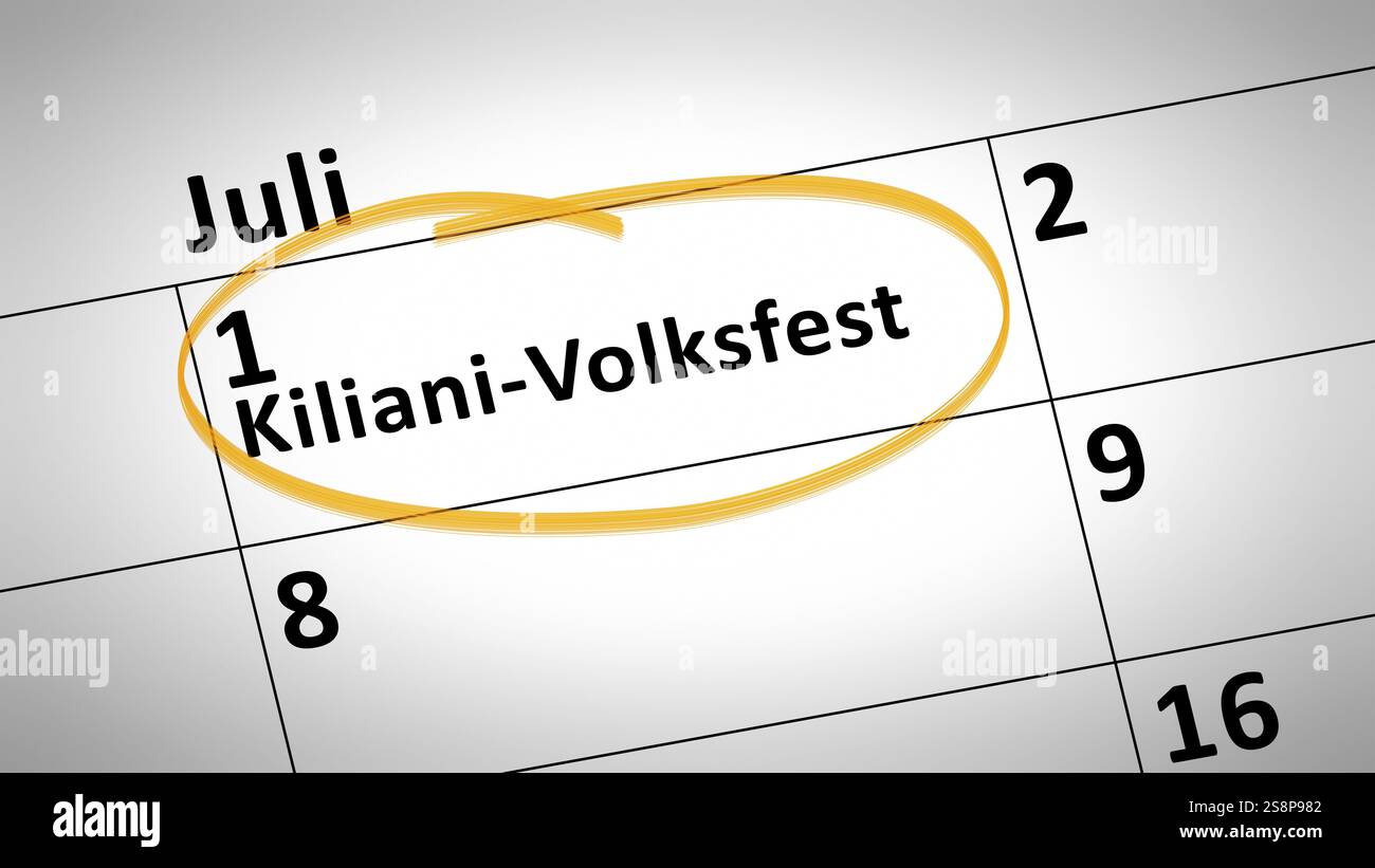 Calendar detail shows Kiliani folk festival first of July in german ...