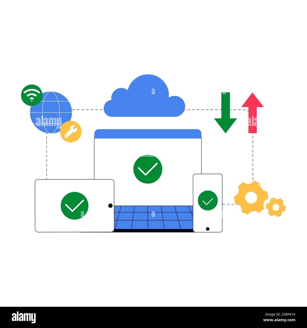 Gadgets Synchronization With Cloud And Download Upload Arrows In Flat Vector Illustration ...