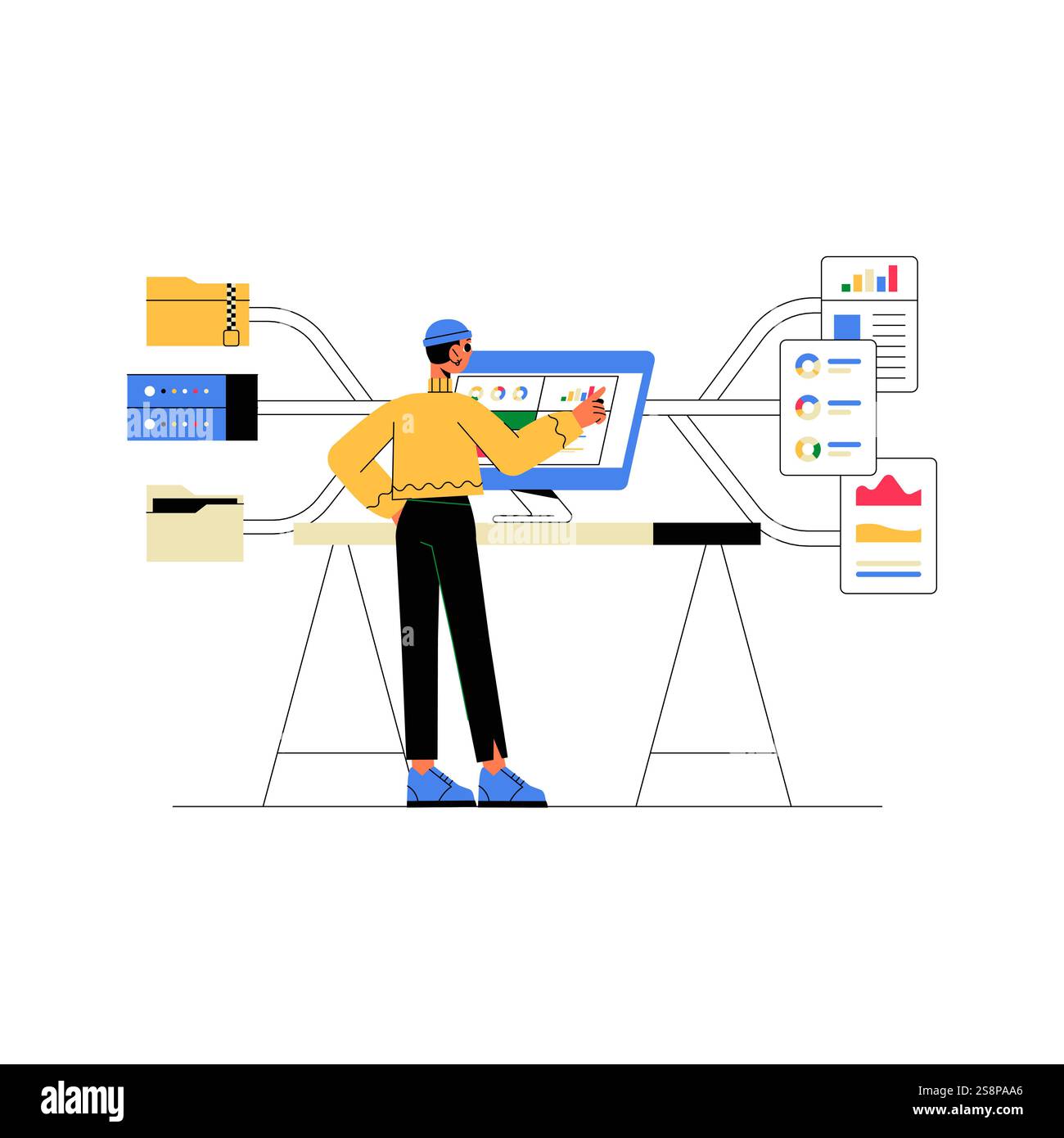 Data Extraction With Male Character, Flat Vector Illustration Symbolizing Information Retrieval ...
