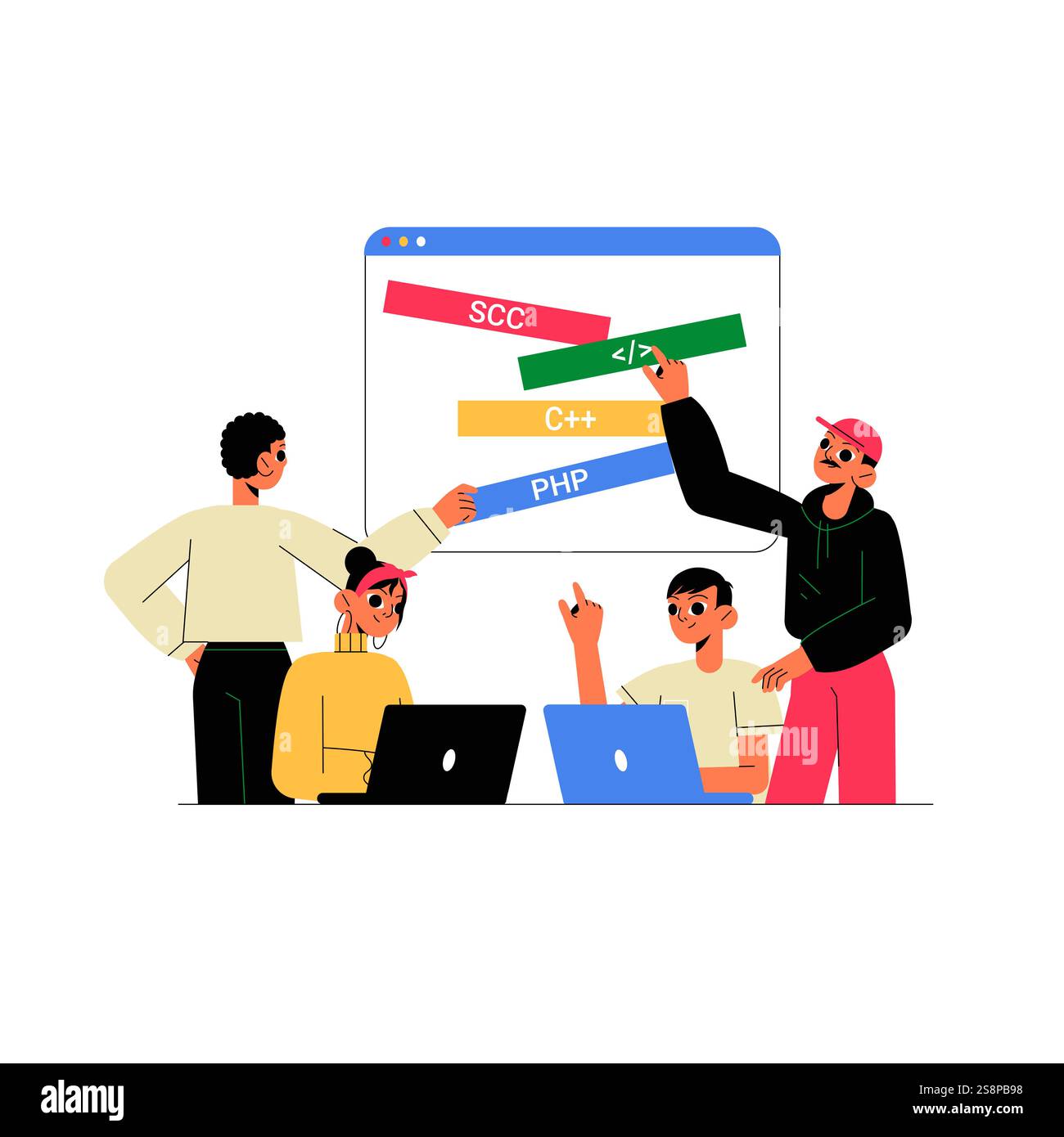 Team Collaboration With Coding Languages In Flat Vector Illustration Symbolizing Software