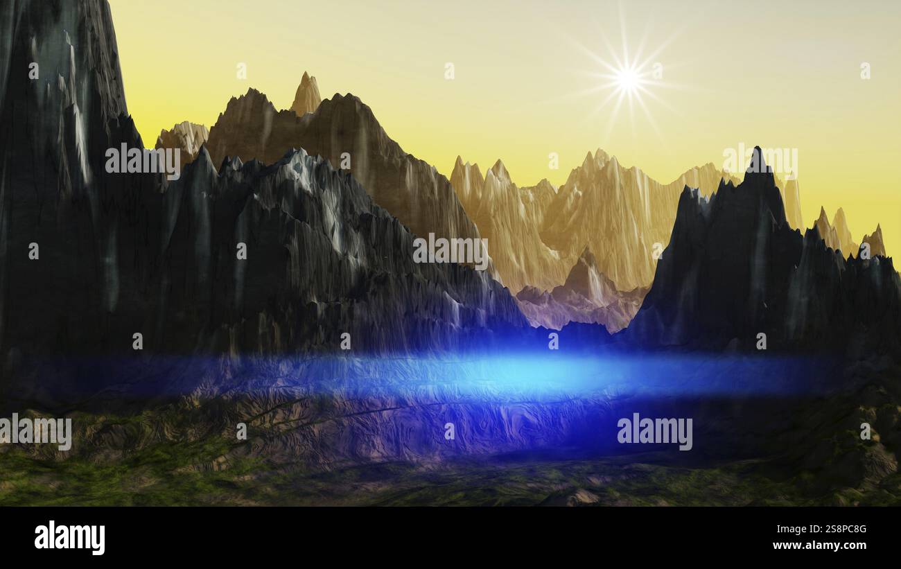A fantasy landscape scenery at dawn 3D illustration Stock Photo - Alamy