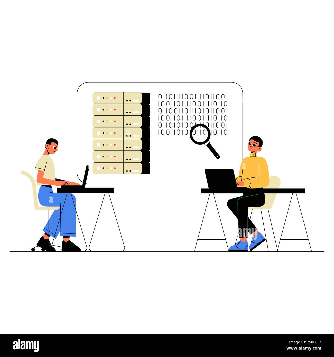 Computer Scientists Analyzing Data On Laptops, Flat Vector Illustration ...