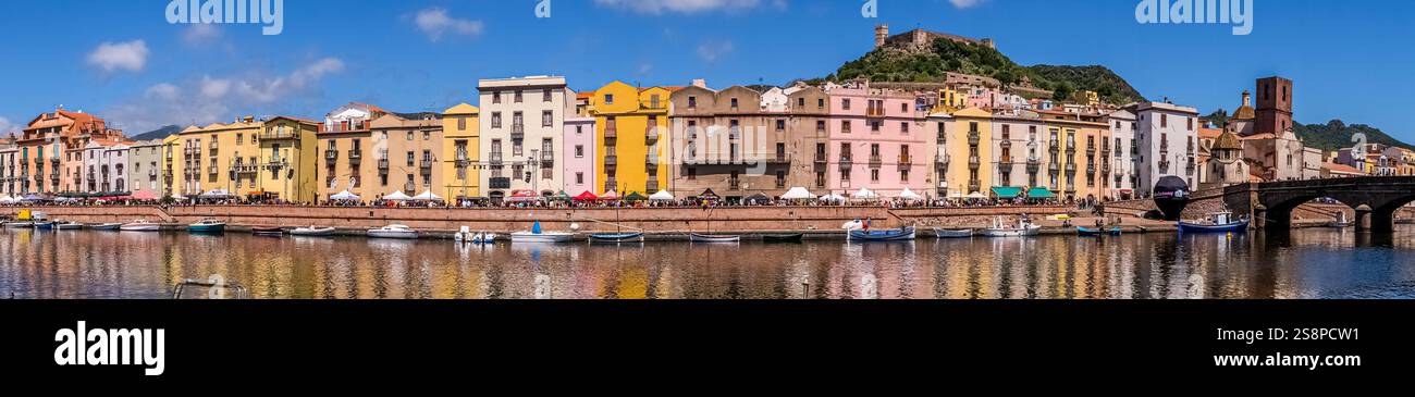 Panoramic photo with houses and promenade at the river Temo, guests at ...