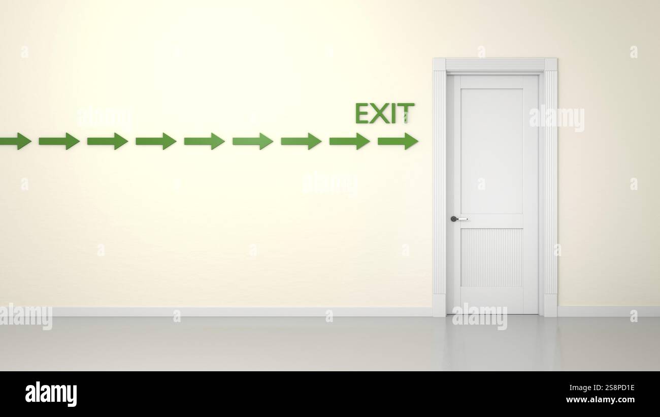 Door with exit sign on the wall 3D illustration Stock Photo - Alamy