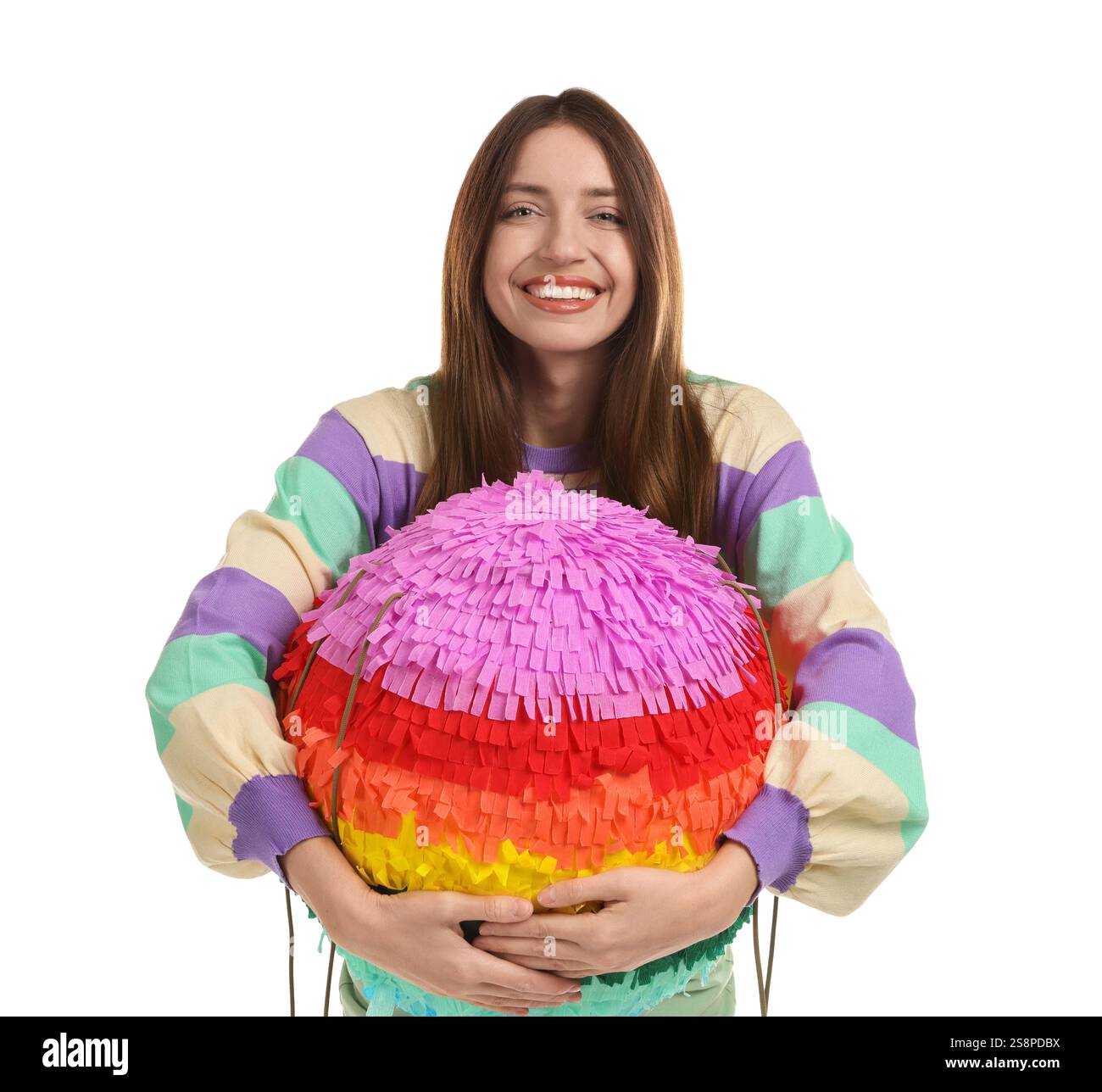 Happy woman with colorful pinata isolated on white Stock Photo - Alamy