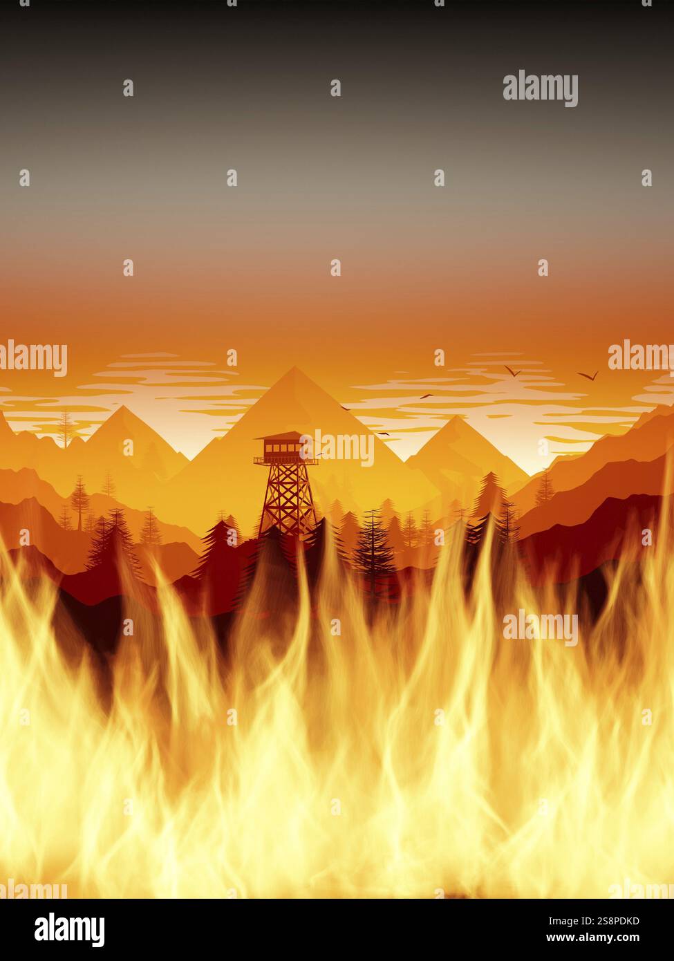 An illustration of forest fires with watchtower Stock Photo - Alamy